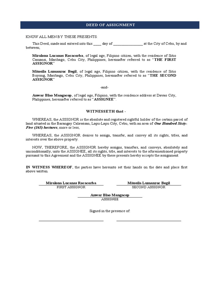 Deed of Assignment | PDF | Assignment (Law) | Contract Law