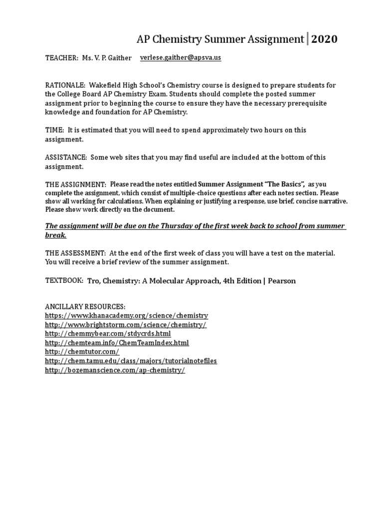 AP Chemistry Summer Assignment 2020 | PDF