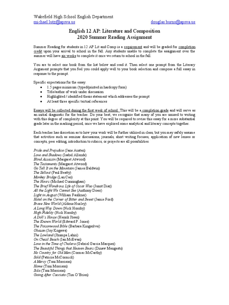 English 12 AP: Literature and Composition 2020 Summer Reading ...