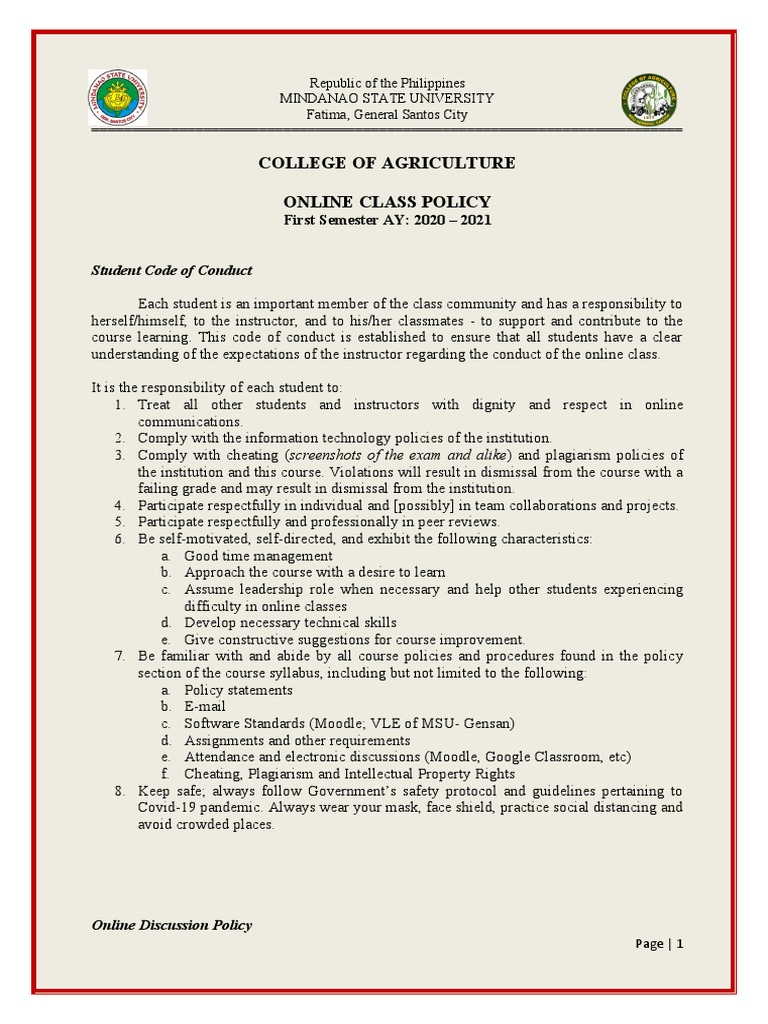 College of Agriculture Online Class Policy: Student Code of Conduct ...