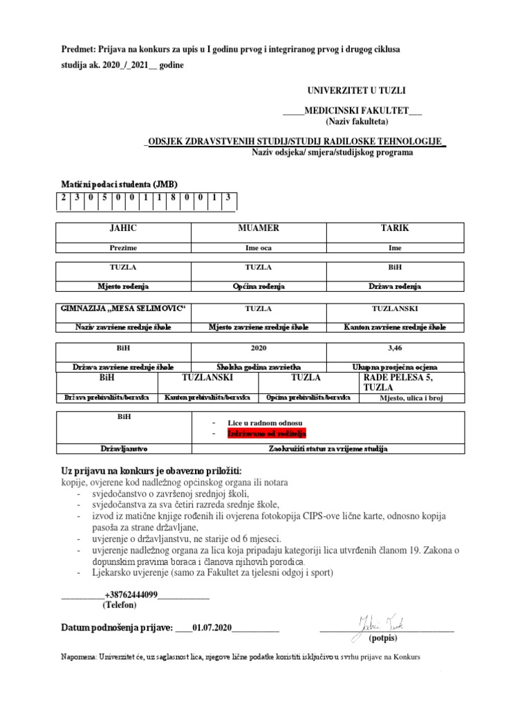 Prijava Na Konkurs Za Upis-I Ciklus-2020 v1-1 PDF | PDF