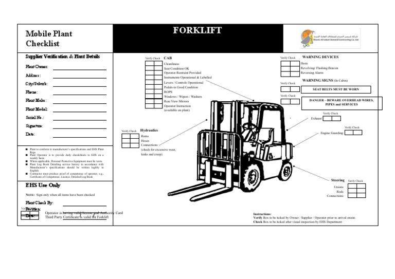 Mobile Plant Checklist - Forklift | PDF | Forklift | Truck