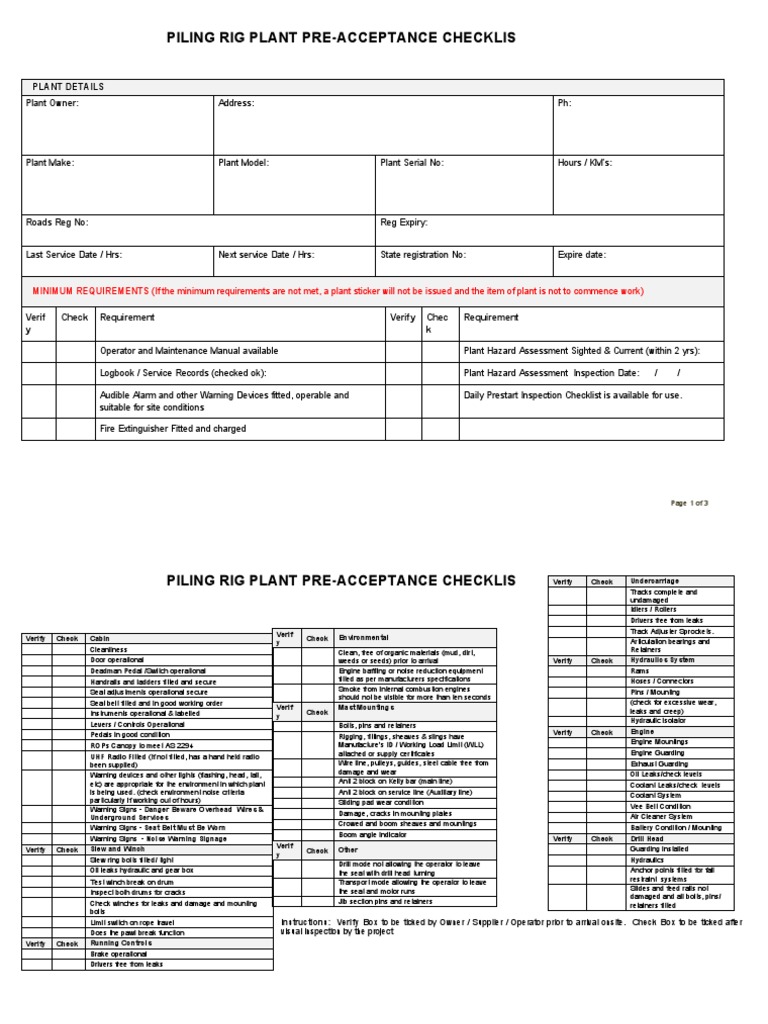 Piling Rig Plant Pre-Acceptance Checklis | PDF | Drill | Belt (Mechanical)
