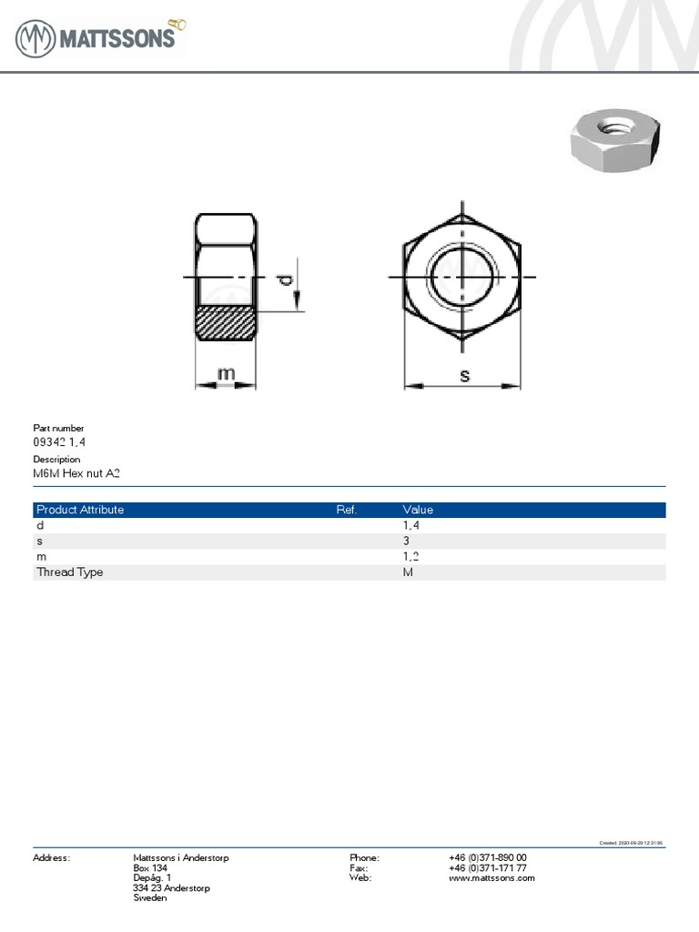 1,4 M6M Hex Nut A2: Product Attribute Ref. Value | PDF