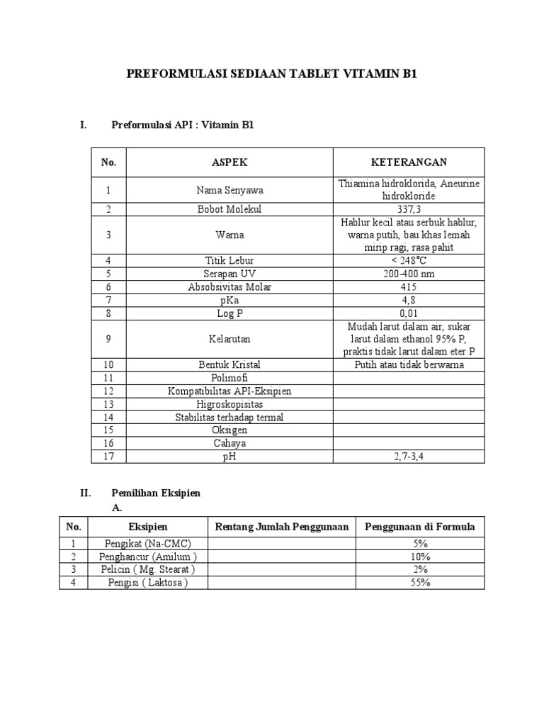Preformulasi Sediaan Tablet Vitamin B1 | PDF