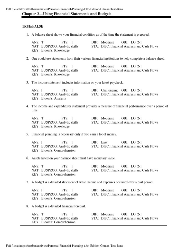 Chapter 2-Using Financial Statements and Budgets: True/False | PDF ...