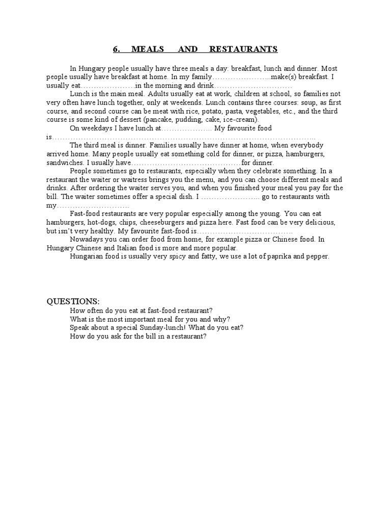 Meals and Restaurants: Questions | PDF