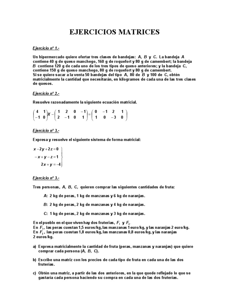 Ejercicios Matrices | PDF | Matriz (Matemáticas) | Leche