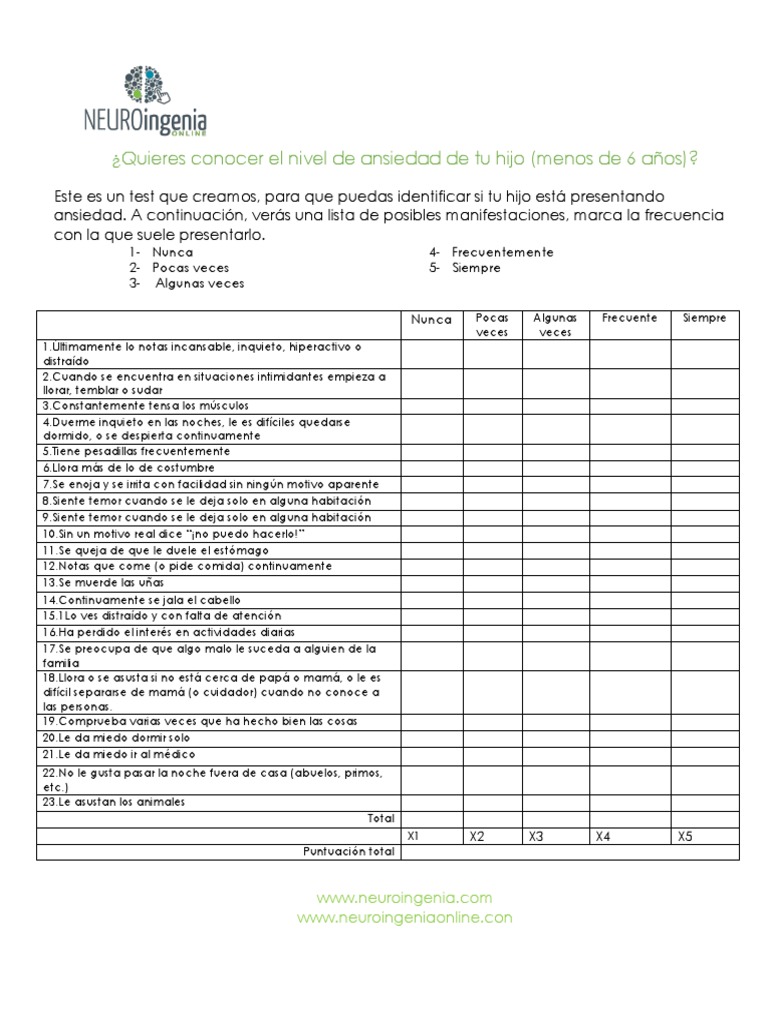 Cuestionario Ansiedad Menores de 6 | PDF | Ansiedad | Dormir