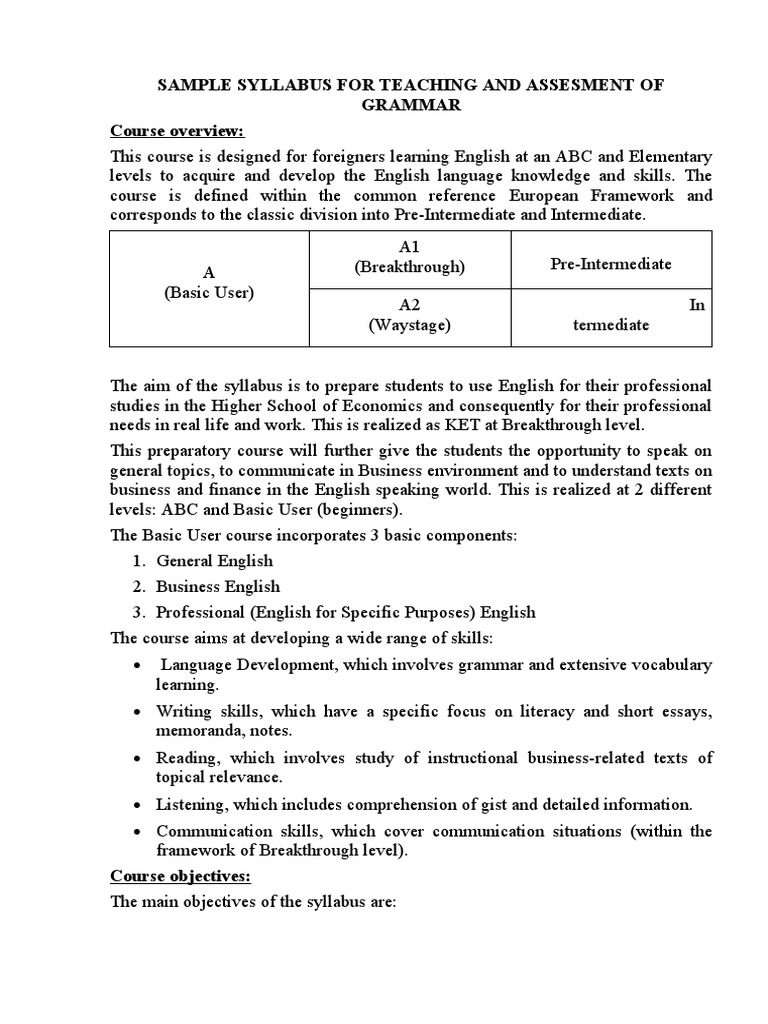 Definition Sample Syllabus For Teaching and Assesment of Grammar ...
