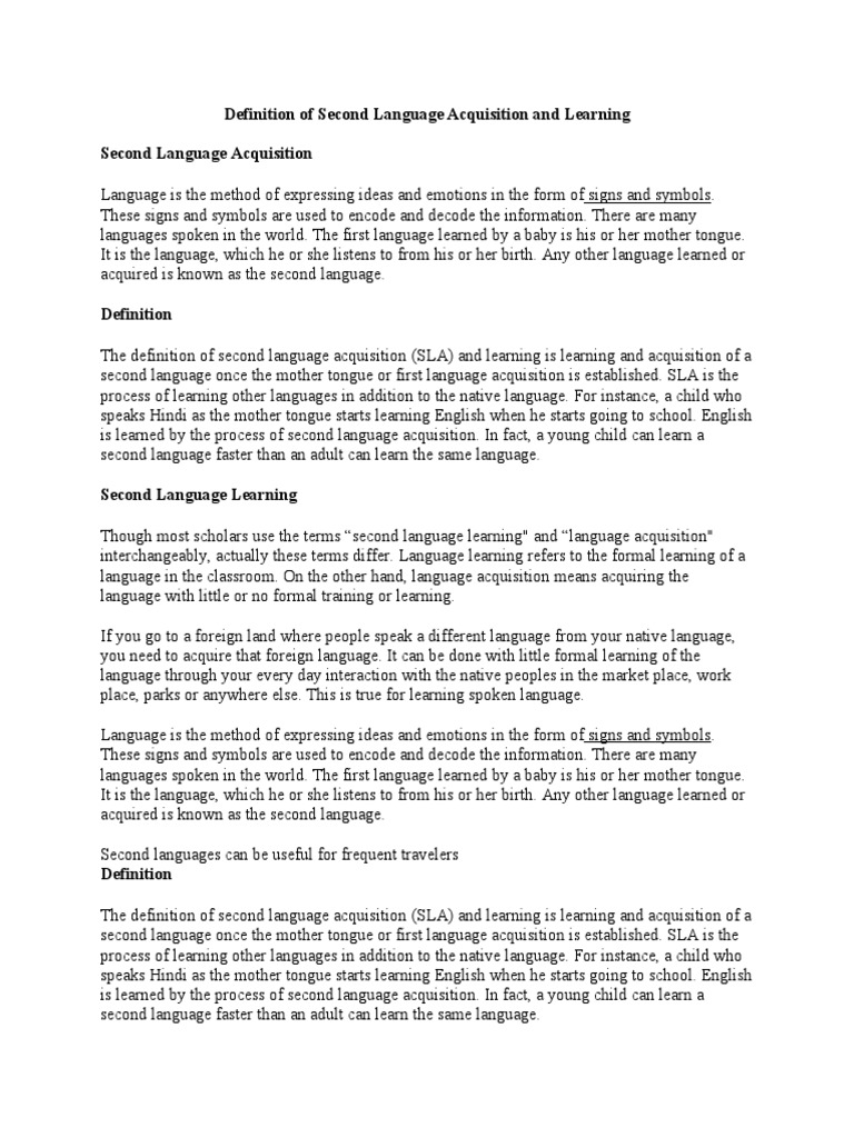 Definition of Second Language Acquisition and Learning | PDF | Second ...