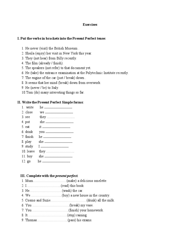 Present Perfect Simple Exercises | PDF | Linguistic Morphology ...