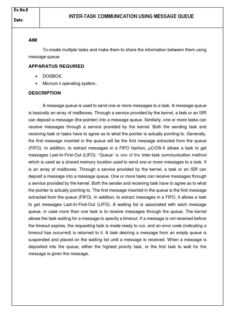 Inter-Task Communication Using Message Queue: Ex - No.8 Date | PDF | Queue (Abstract Data Type ...