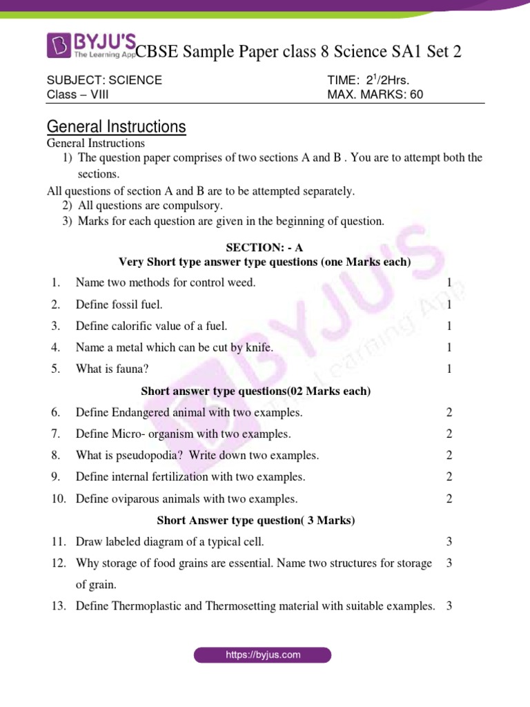 CBSE Sample Paper Class 8 Science SA1 Set 2: General Instructions | PDF ...