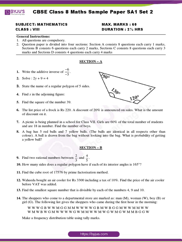 CBSE Class 8 Maths Sample Paper SA1 Set 2 | PDF | Elementary ...