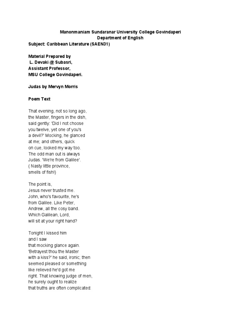 Judas Poem Text and Summary | PDF | Judas Iscariot | Poetry