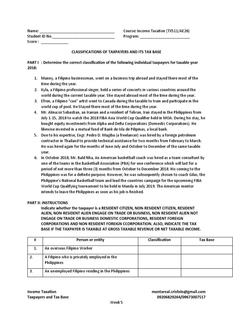 Classification of Taxpayers and Tax Bases: Determining Residency Status ...