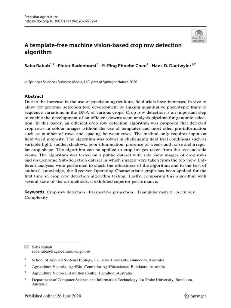 A Template Free Machine Vision Based Crop Row Detection Algorithm Pdf Image Segmentation