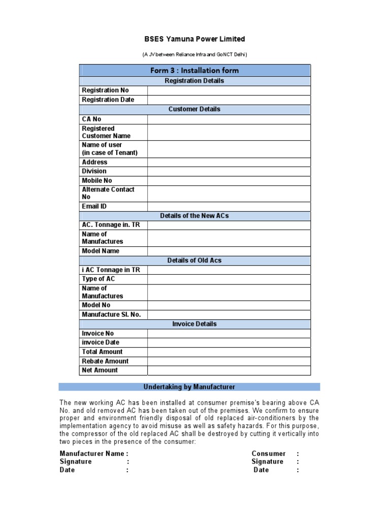 Form 3: Installation Form: BSES Yamuna Power Limited | PDF