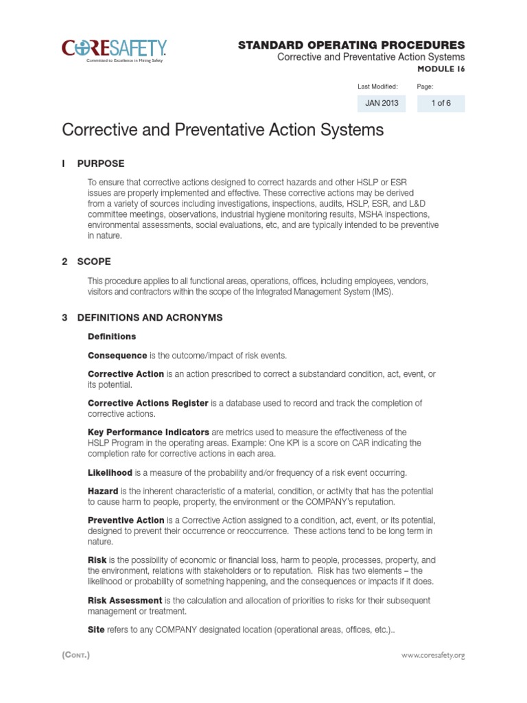 Corrective and Preventative Action Systems: Standard Operating ...