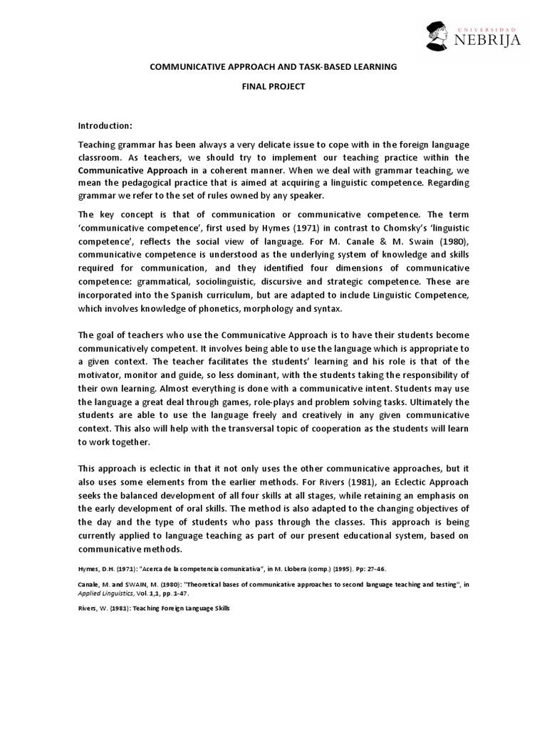 Communicative Approach and Task - Based Learning Final Project | PDF ...