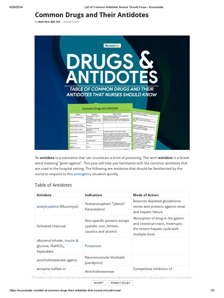 List of Common Antidotes Nurses Should Know - Nurseslabs | PDF ...