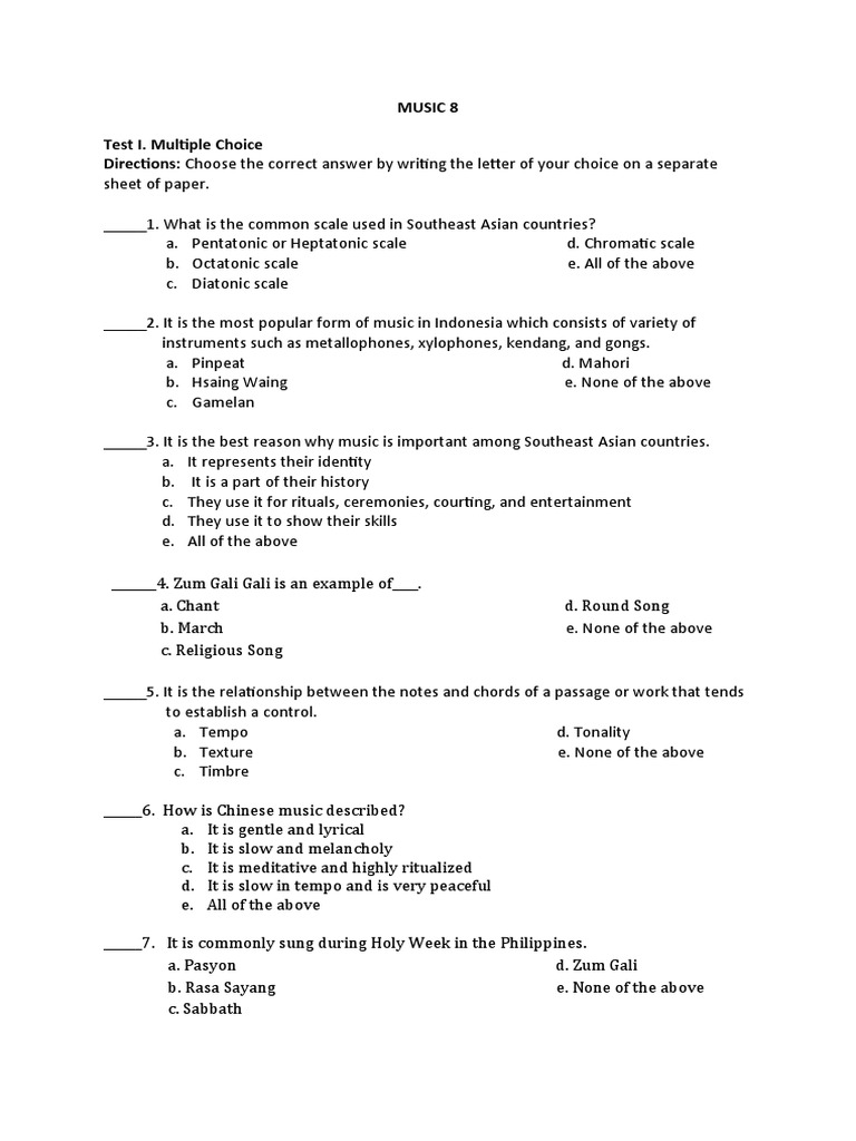 Southeast Asian Music Quiz and Answers | PDF | Scale (Music) | Music Theory
