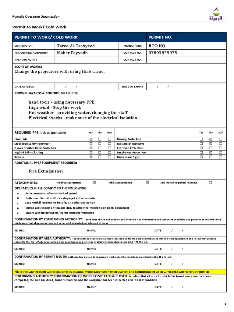 Permit To Work | PDF | Personal Protective Equipment | Working Conditions