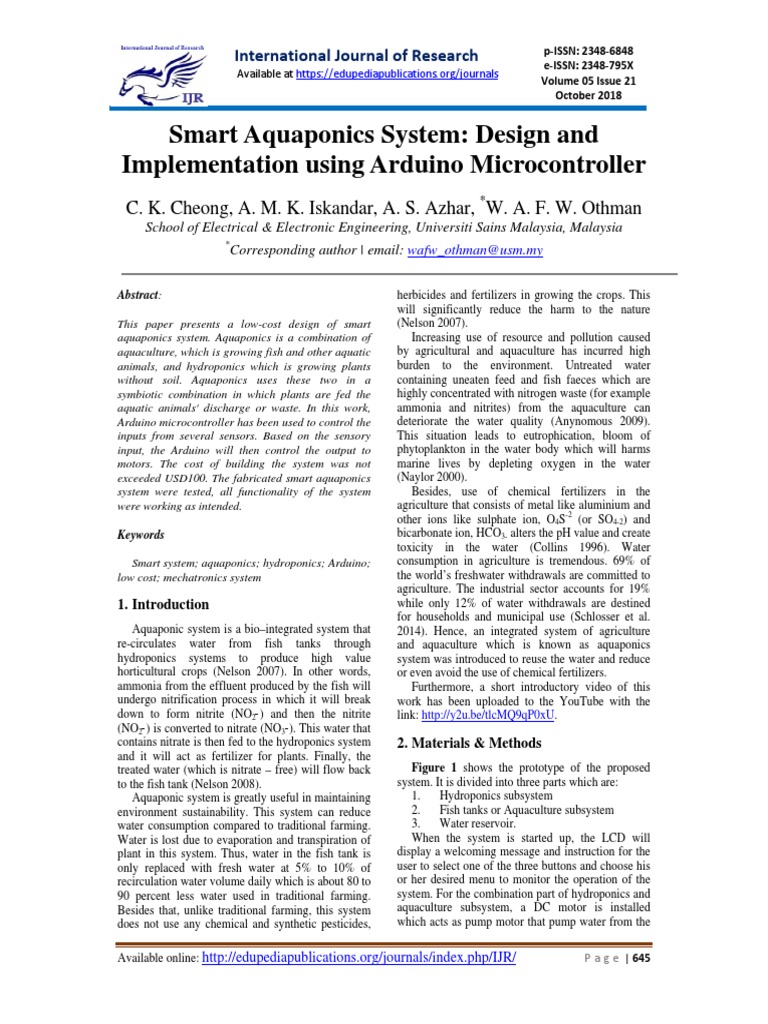 Smart Aquaponics System Design And Implementation Using Arduino Microcontroller Pdf