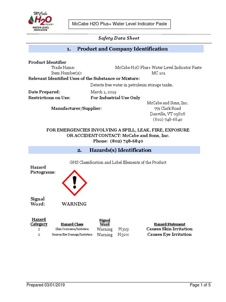 Mccabe H2o Plus Water Level Indicator Paste Msds 1 | PDF | Firefighting ...