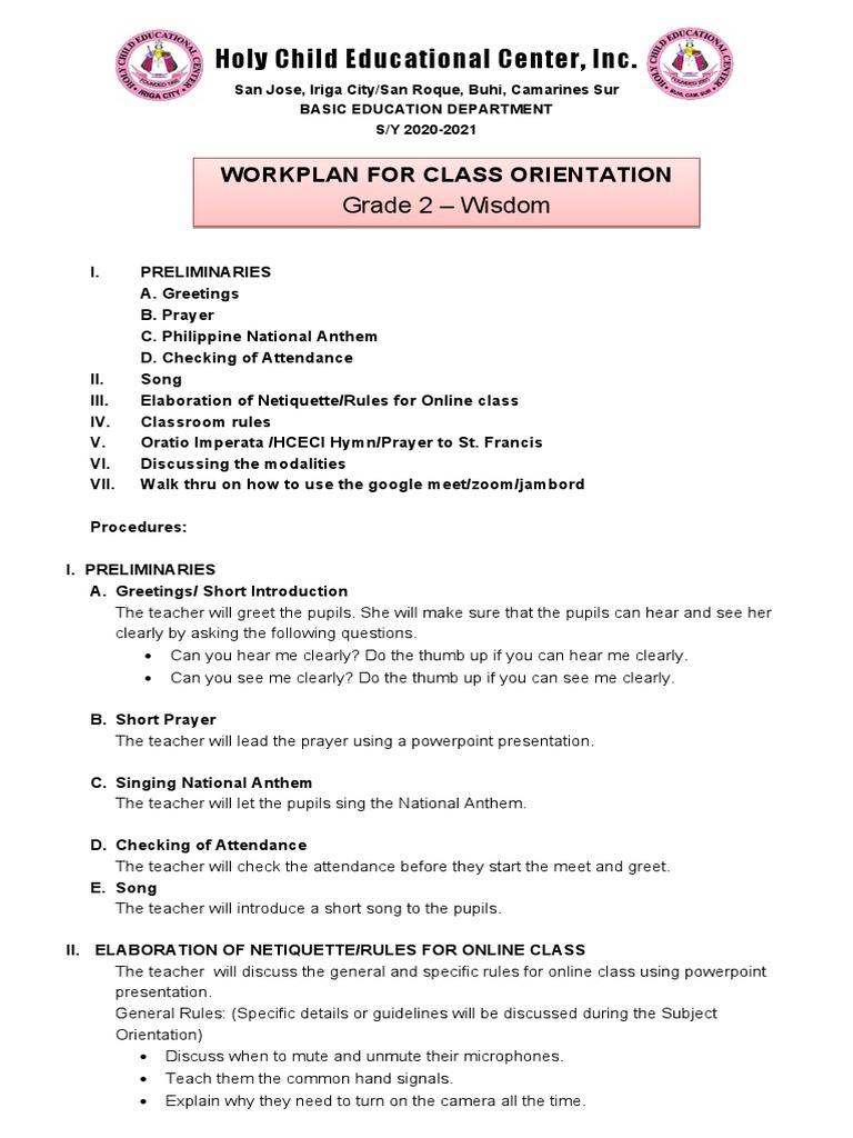 For Class Orientation Workplan | PDF | Behavior Modification | Learning
