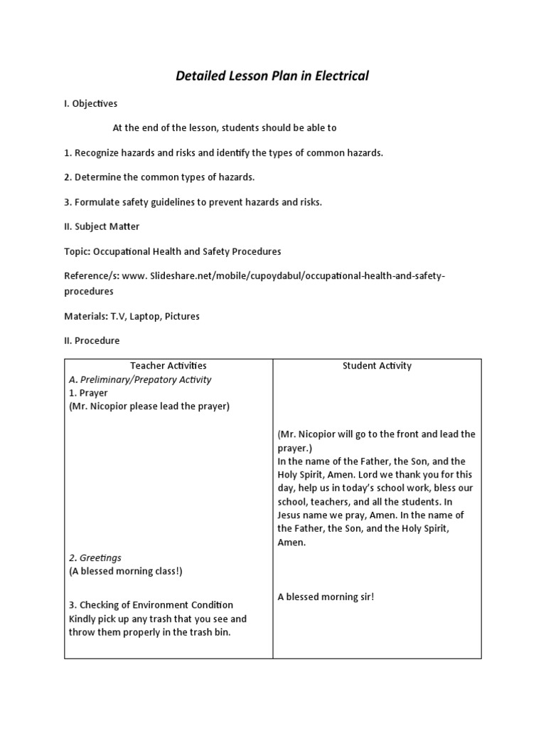 Detailed Lesson Plan in Electrical | PDF | Hazards | Occupational ...