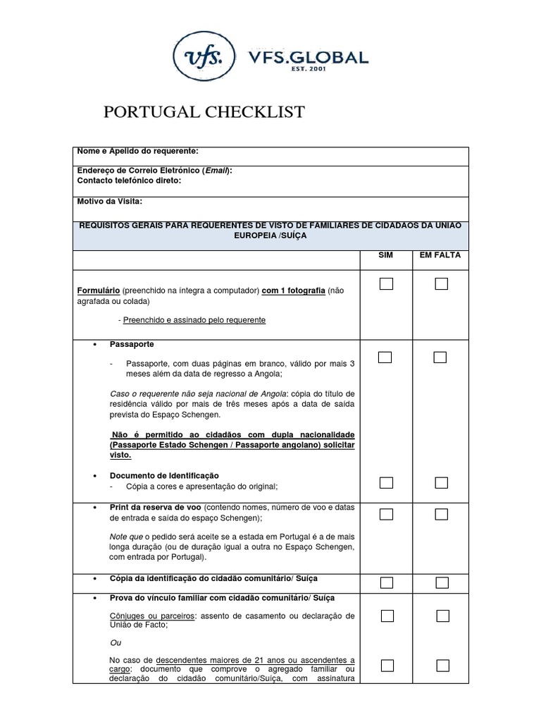 Nova Checklist VFS Familiares PDF | PDF | Visto de Viagem | Passaporte