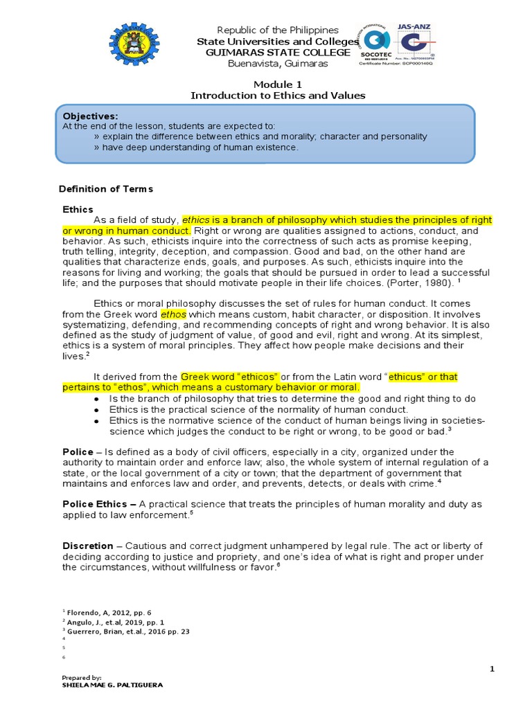 An Introduction to Ethics, Morality, and the Distinction Between Right and Wrong: A Module on ...