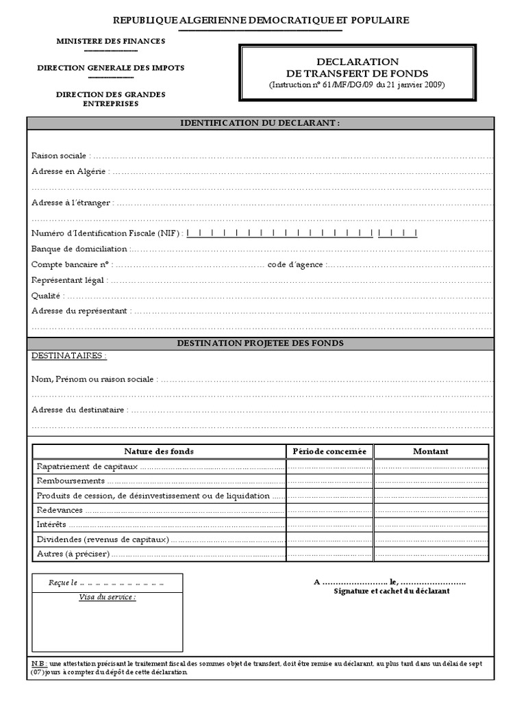 Declaration de Transfert de Fonds | PDF