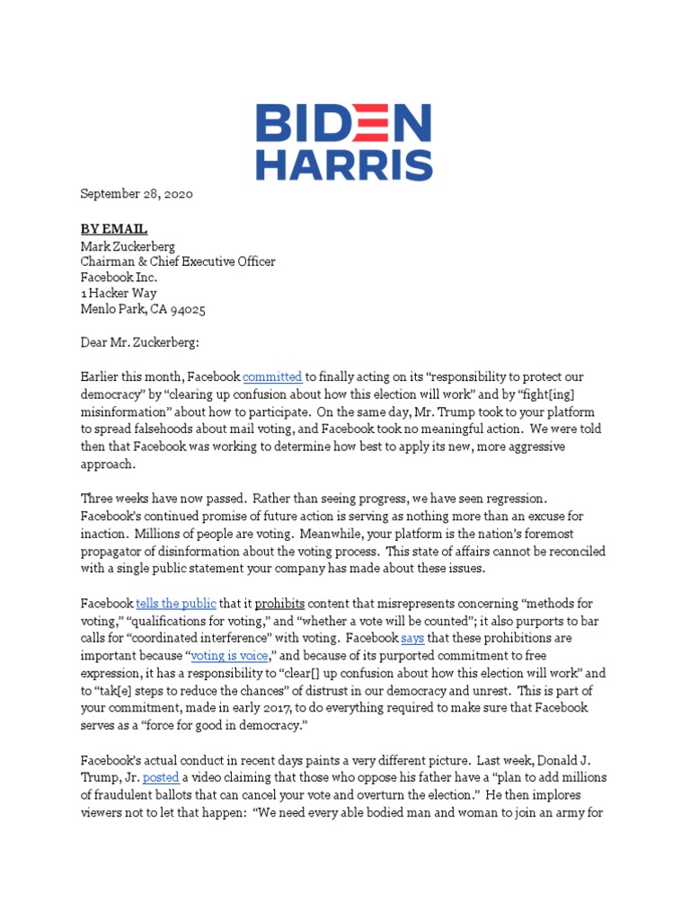 Biden Campaign Letter To Facebook | PDF