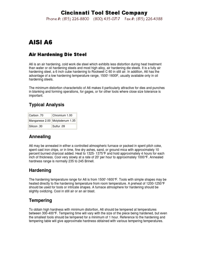 Aisi A6: Cincinnati Tool Steel Company | PDF | Steel | Annealing ...