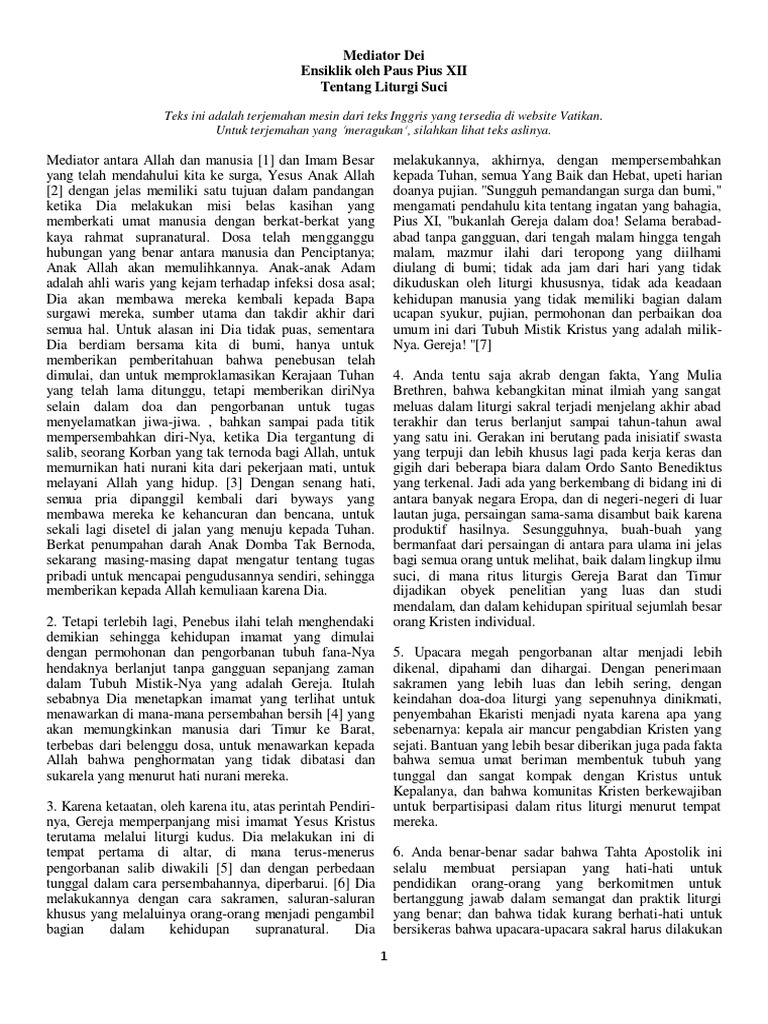 Mediator Dei Ensiklik Oleh Paus Pius XII | PDF