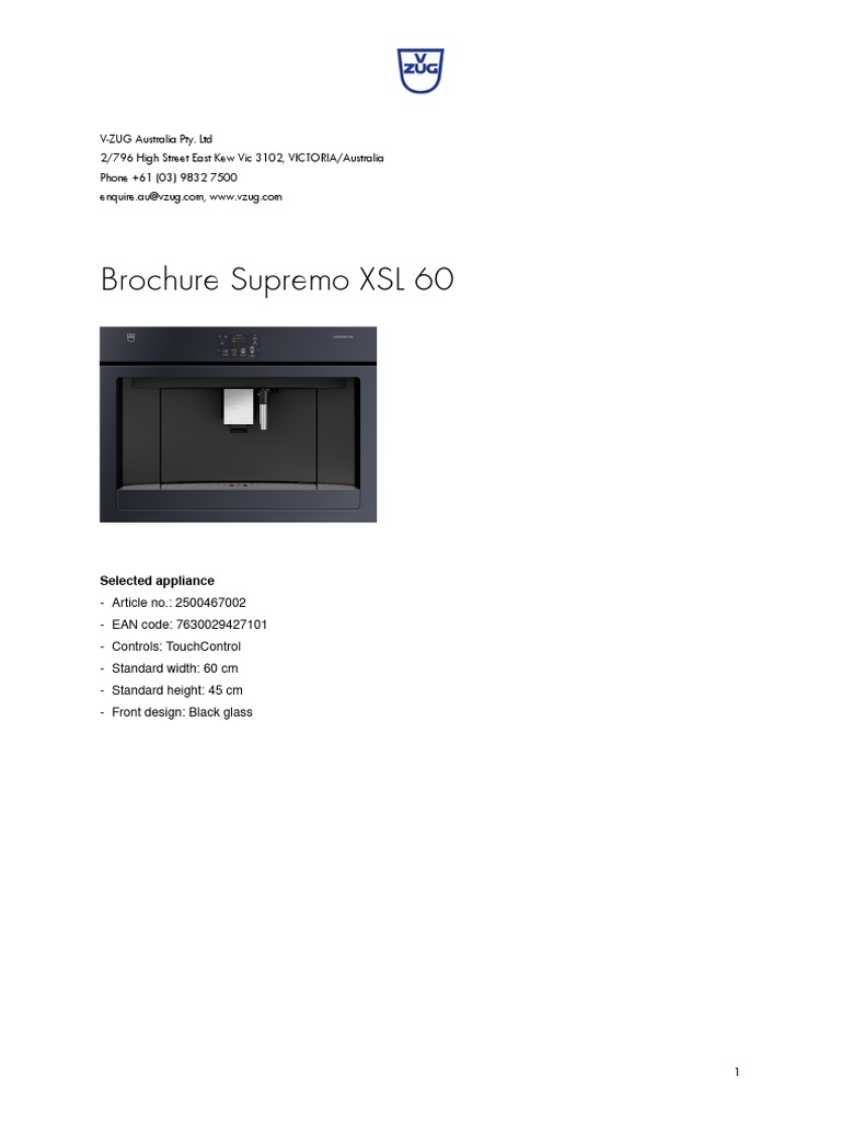 V-ZUG Supremo XSL 60 Espresso Machine Touch Control Black Glass | PDF ...