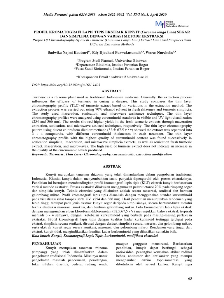 Profile of Chromatography of Fresh Turmeric (Curcuma Longa Linn ...