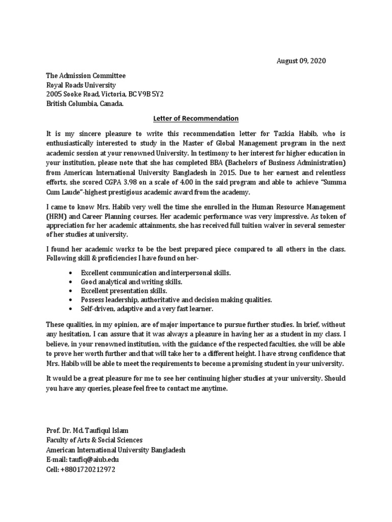 Reference Letter For Royal Roads University | PDF