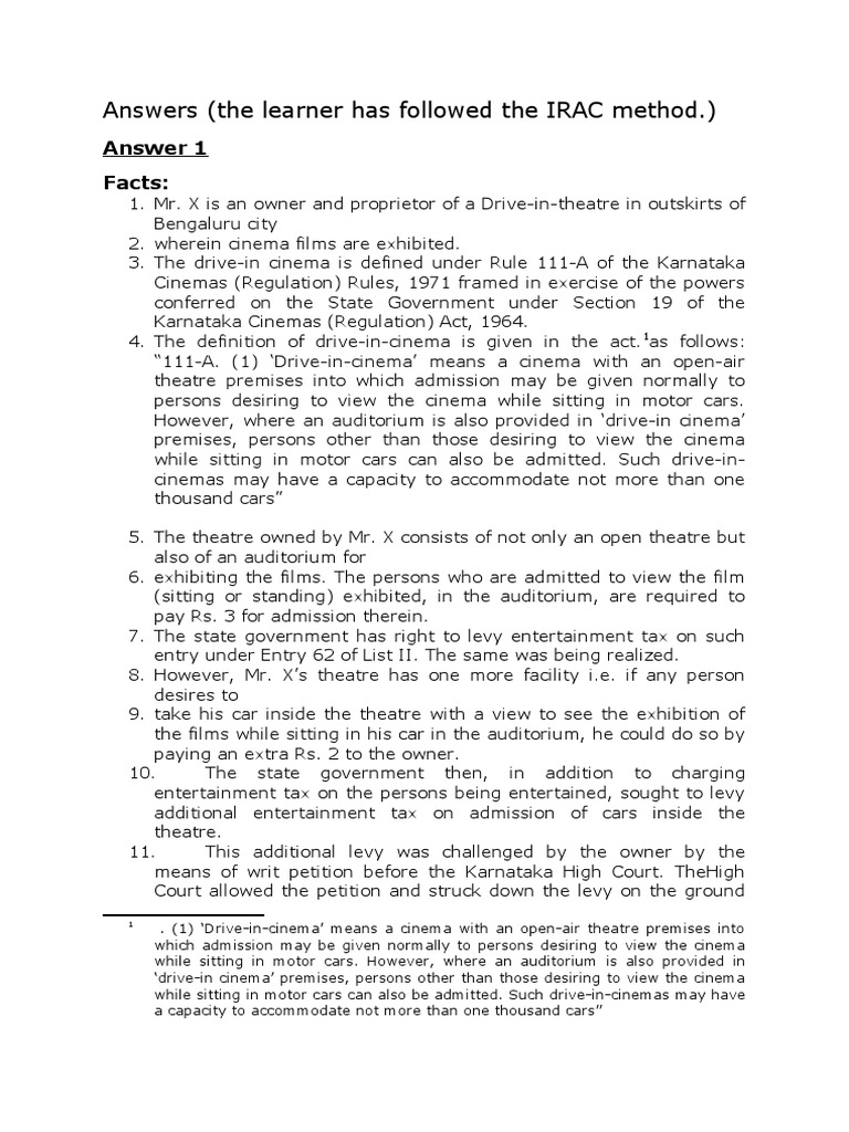 Answers (The Learner Has Followed The IRAC Method.) : Answer 1 Facts ...