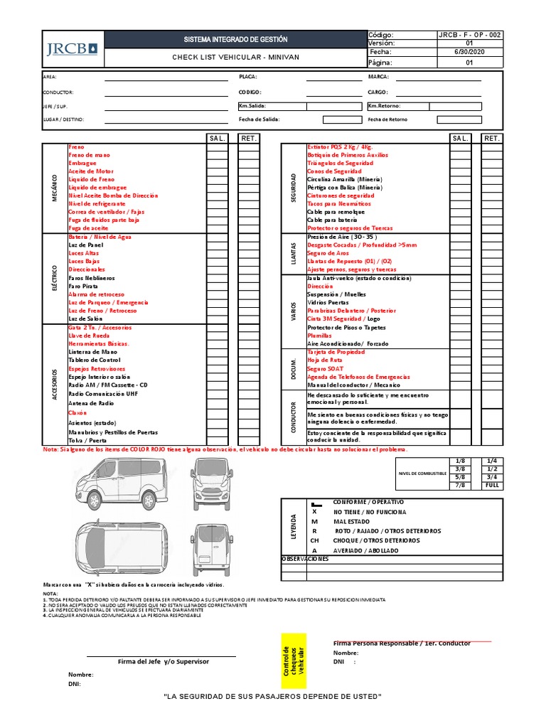 Formato de Check List Vehicular - Minivan | PDF | Vehículos | Vehículo ... Formato de Check List Vehicular - Minivan | PDF | Vehículos | Vehículo ...