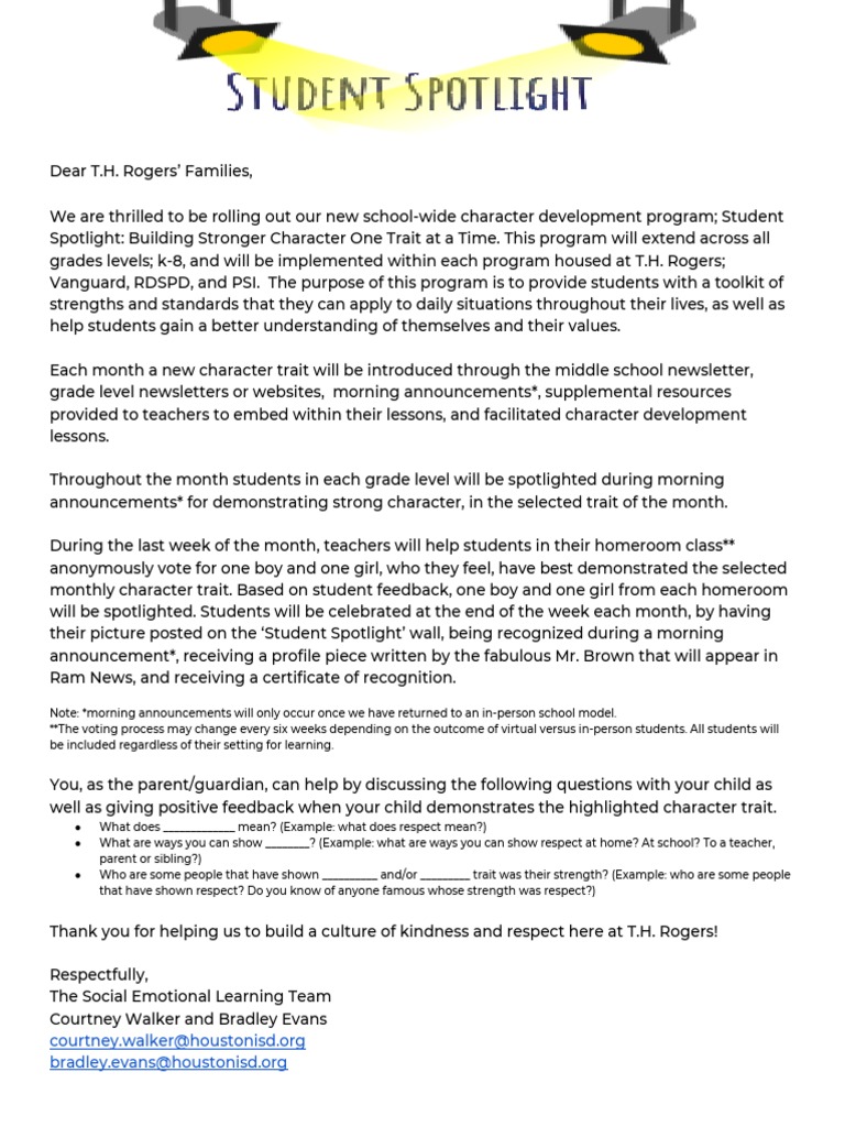 Student Spotlight Parent Letter | PDF | Psychological Resilience ...