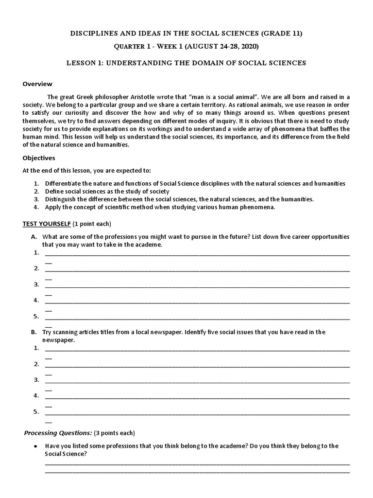 Disciplines and Ideas in The Social Sciences (Grade 11) Q 1 - W 1 (AUGUST 24-28, 2020) Lesson 1 ...