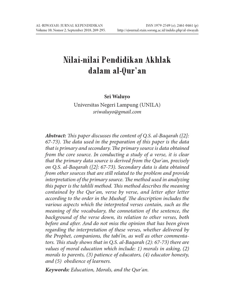 Nilai-Nilai Pendidikan Akhlak Dalam Al-Qur'an: Universitas Negeri Lampung (UNILA) | PDF ...