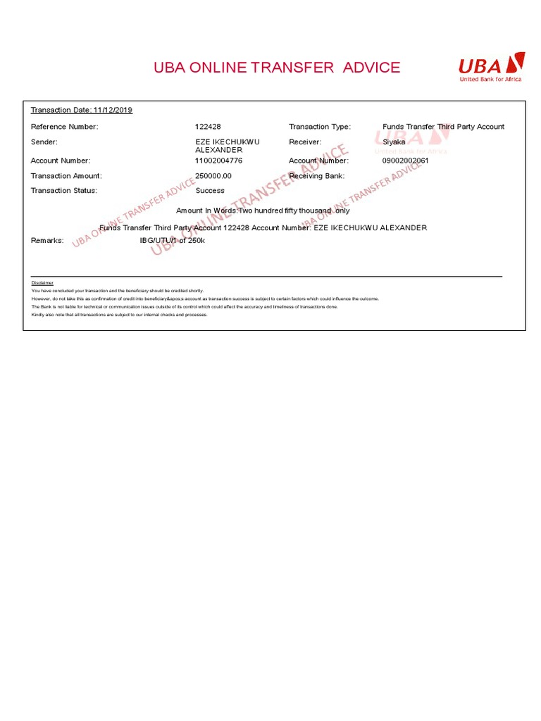 UBA Online Funds Transfer Advice | PDF