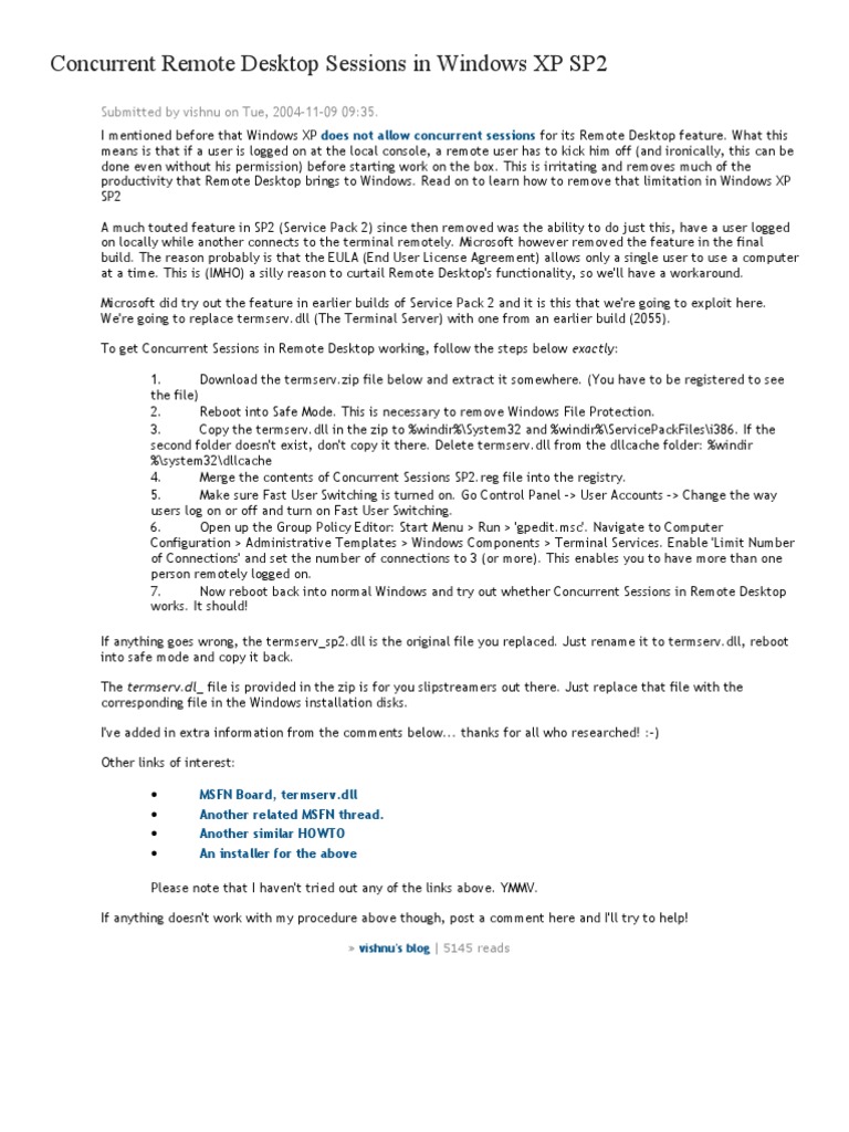 Concurrent Remote Desktop Sessions in Windows XP SP2 | PDF | Remote ...