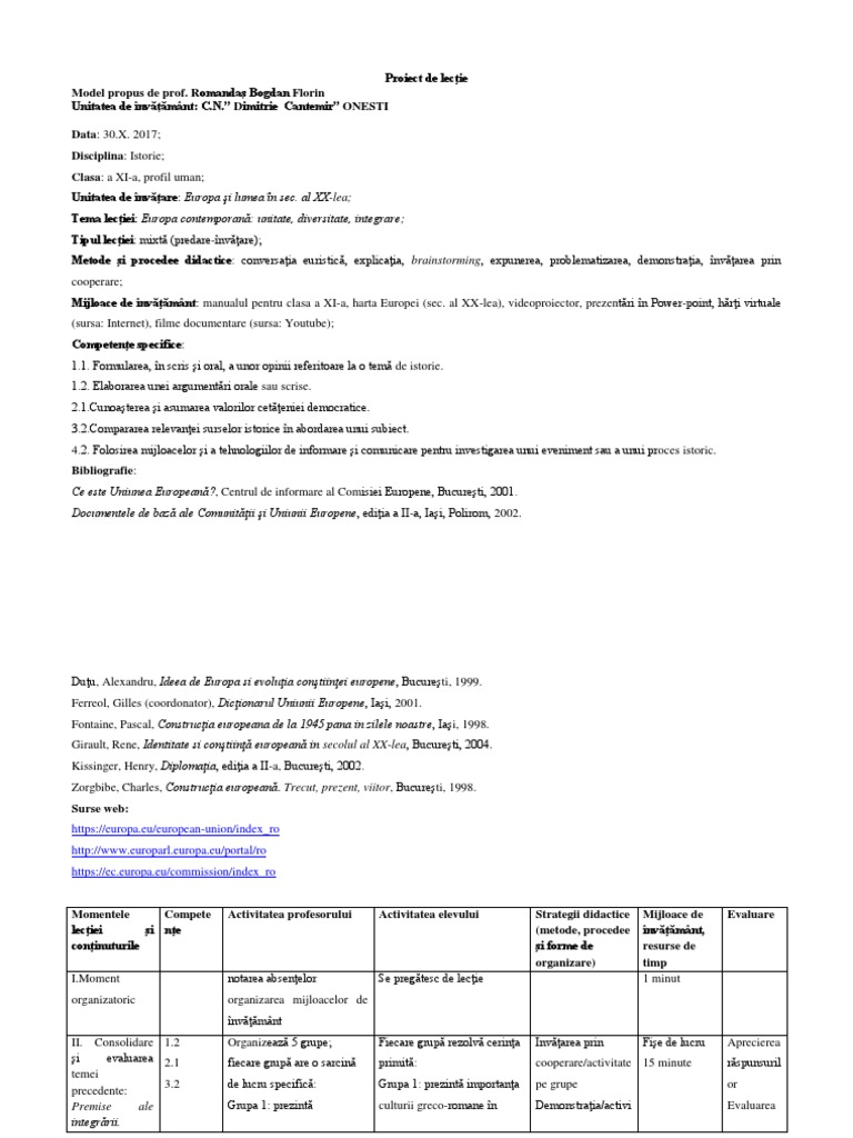 ISTORIE - CLASA A XI-a - PROIECT DIDACTIC - EUROPA CONTEMPORANã PDF | PDF