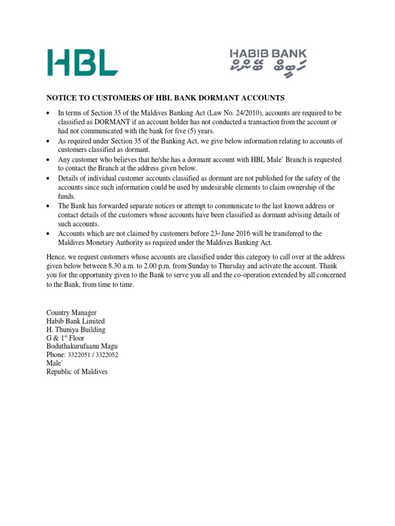 Notice To Customers of HBL Bank Dormant Accounts | PDF | Banks ...